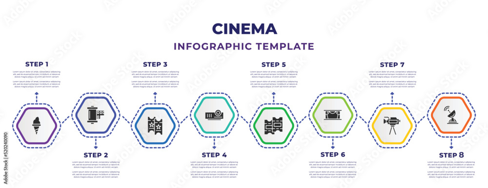 cinema infographic design template with stripped ice cream cone, camera ...