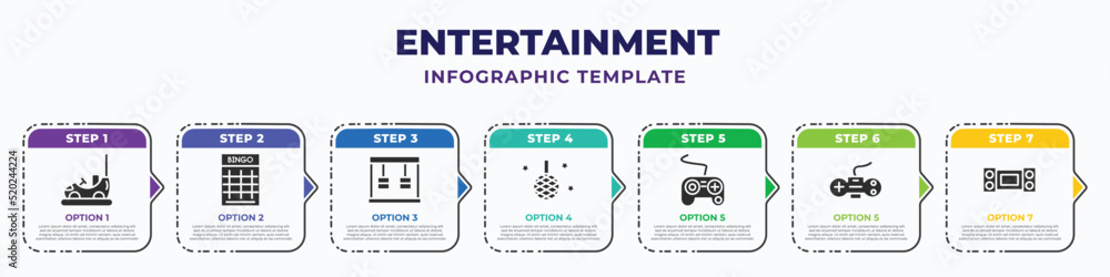 entertainment infographic design template with bumper car, bingo, swing ...