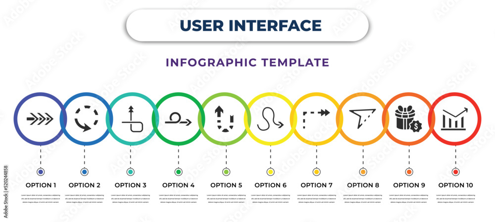 user interface infographic design template with three arrows, curly ...