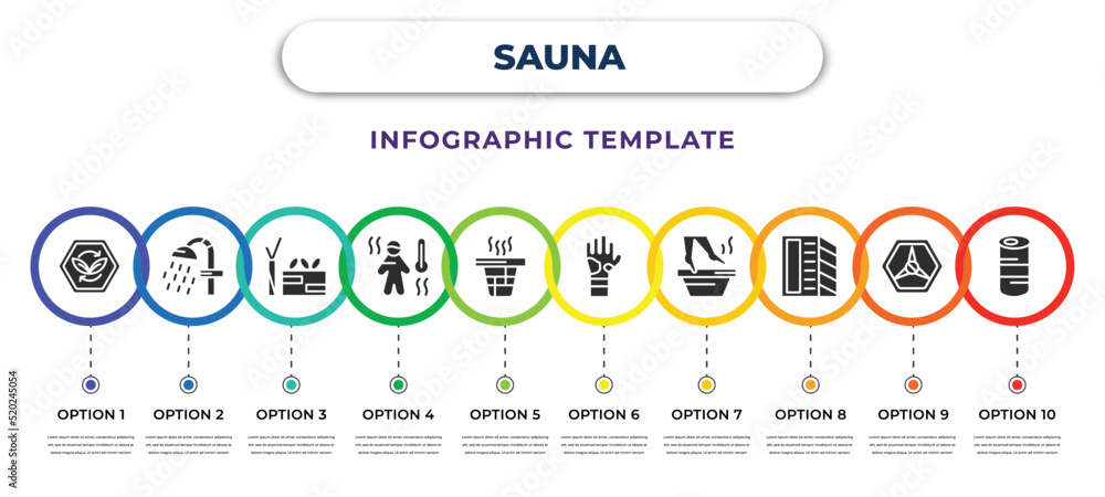 sauna infographic design template with fresh air supply, luxury shower ...