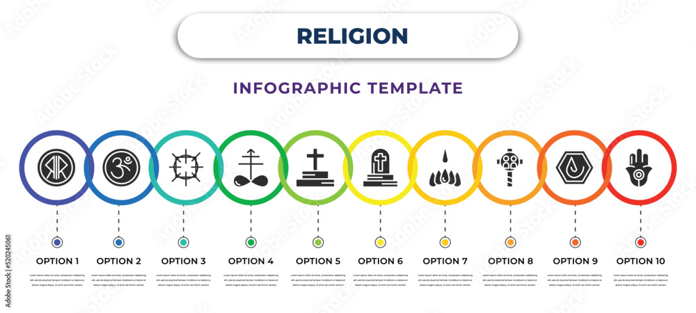 religion infographic design template with nordic paganism, zen, crown ...