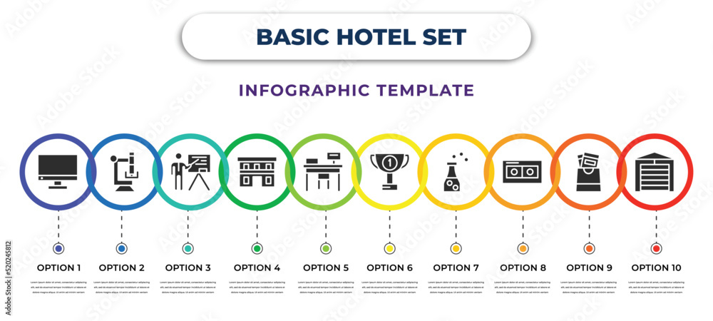 basic hotel set infographic design template with pc monitor, science ...