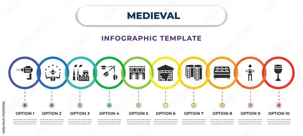 medieval infographic design template with nail gun, juggler, factories ...