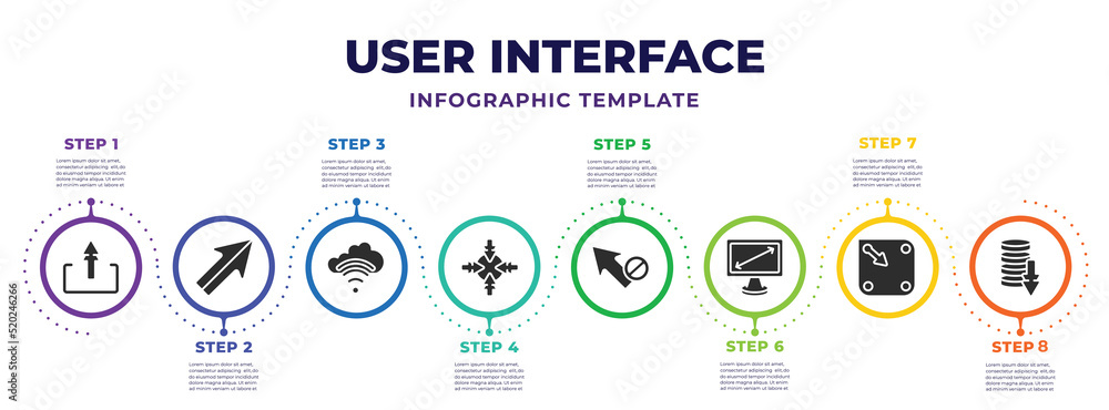 user interface infographic design template with export button, mouse arrow, cloud with ...