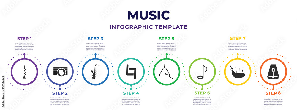 music infographic design template with oboe, whole, saxophone, natural ...