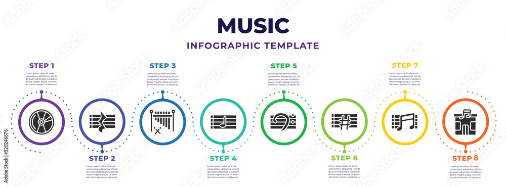 music infographic design template with cd, quarter note rest, marimba ...