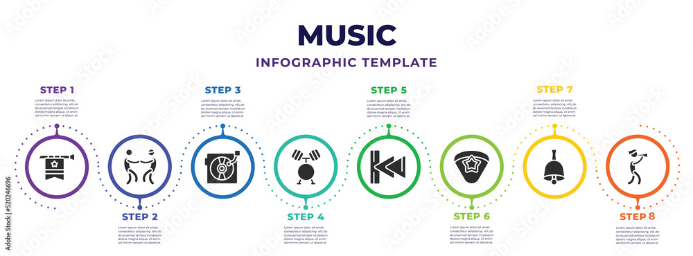 music infographic design template with bladder pipe, troubadour with ...