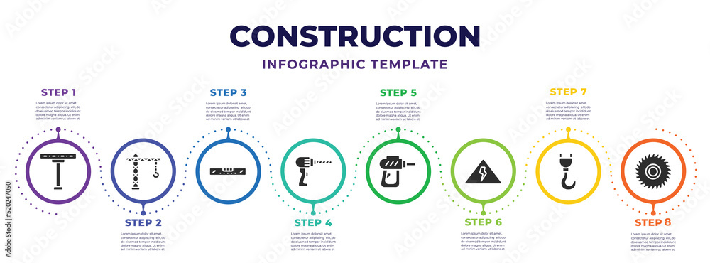 construction infographic design template with boning rod, crane, plumb ...
