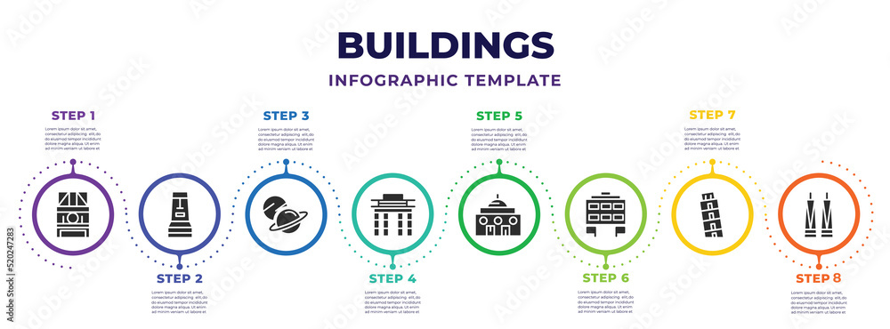 buildings infographic design template with notre dame, rapa nui, space ...