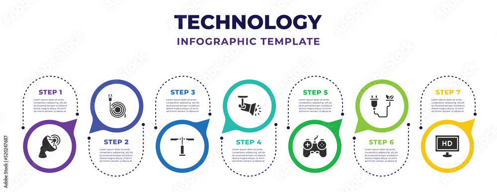 technology infographic design template with dish, plugs, lamp post ...