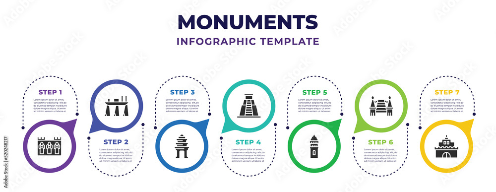 monuments infographic design template with abu simbel, bay, cambodia ...