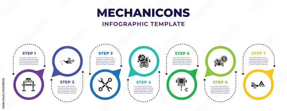 mechanicons infographic design template with car on an elevator, change ...