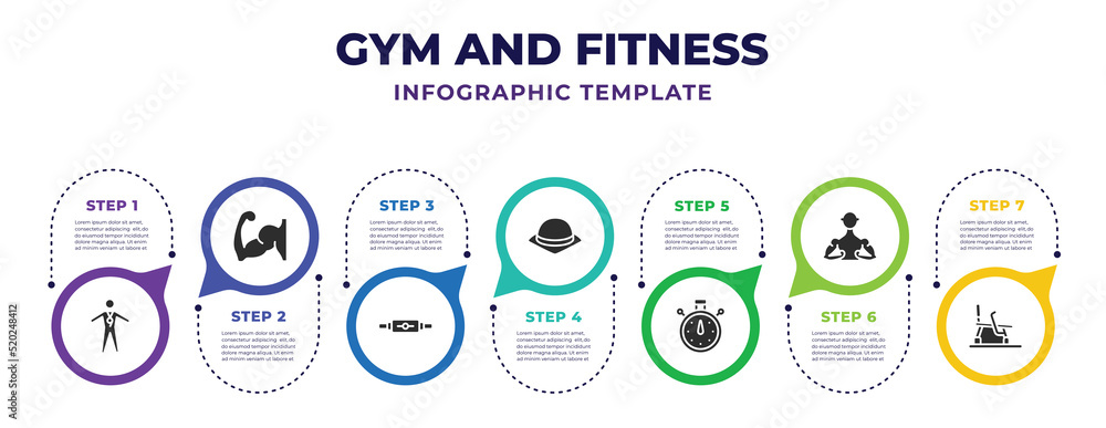 gym and fitness infographic design template with trainers, muscles ...