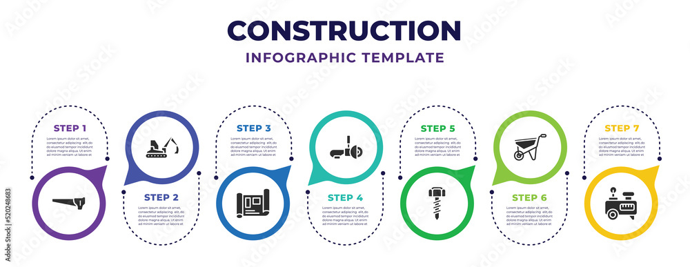 construction infographic design template with hand saw, excavator ...