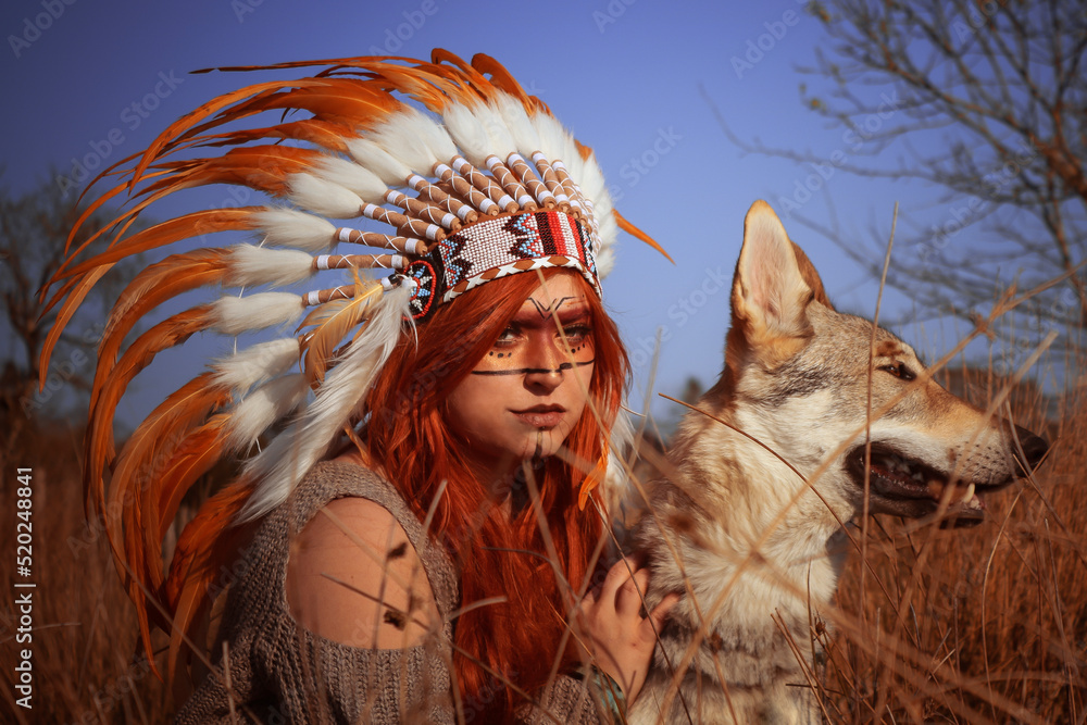 Portrait Native Américan photoshoot with wolf Stock-Foto | Adobe Stock