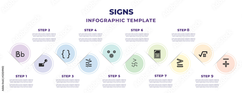 signs infographic design template with b letter, pinned, parentheses ...