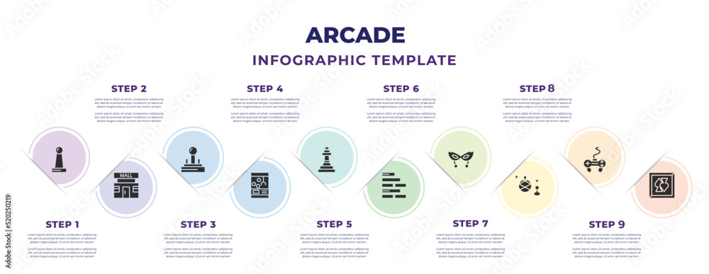 arcade infographic design template with chess, mall, gamepad, arcade ...