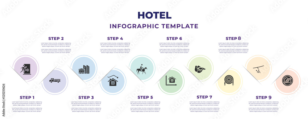 hotel infographic design template with emergency exit, pick up, factory ...