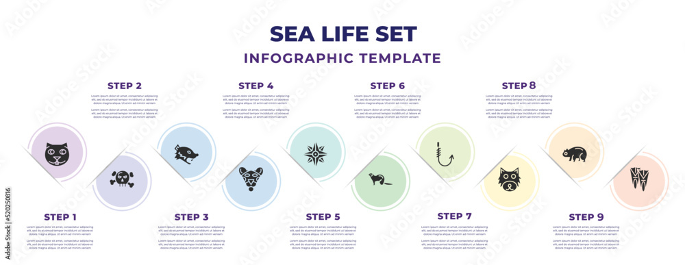 Vetor de sea life set infographic design template with mink, jolly ...