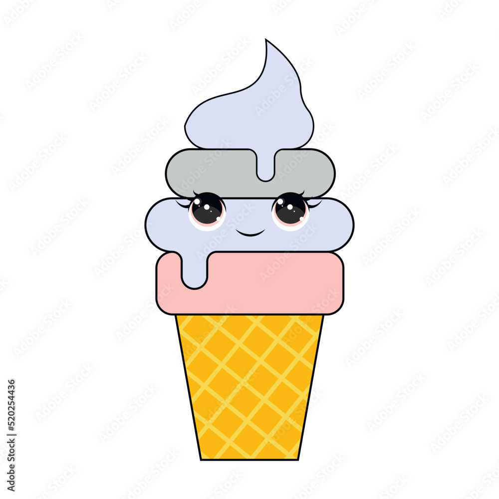 Cute ice cream isolated on white background. Kawaii style with funny ...