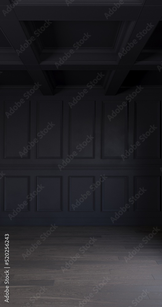 Dark blue almost black wall with molding and wood parquet floor ...