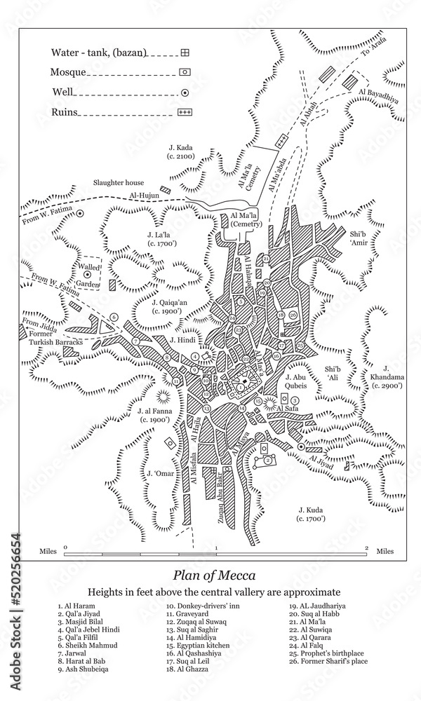 Vettoriale Stock Old map Mecca country Saudi Arabia in black color on ...