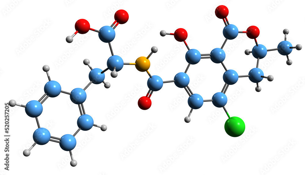 3D image of ochratoxin A skeletal formula - molecular chemical ...