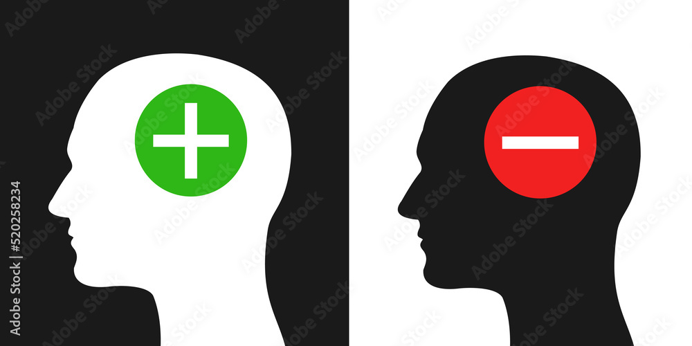 Man, human and character with positive or negative thinking, mind and ...