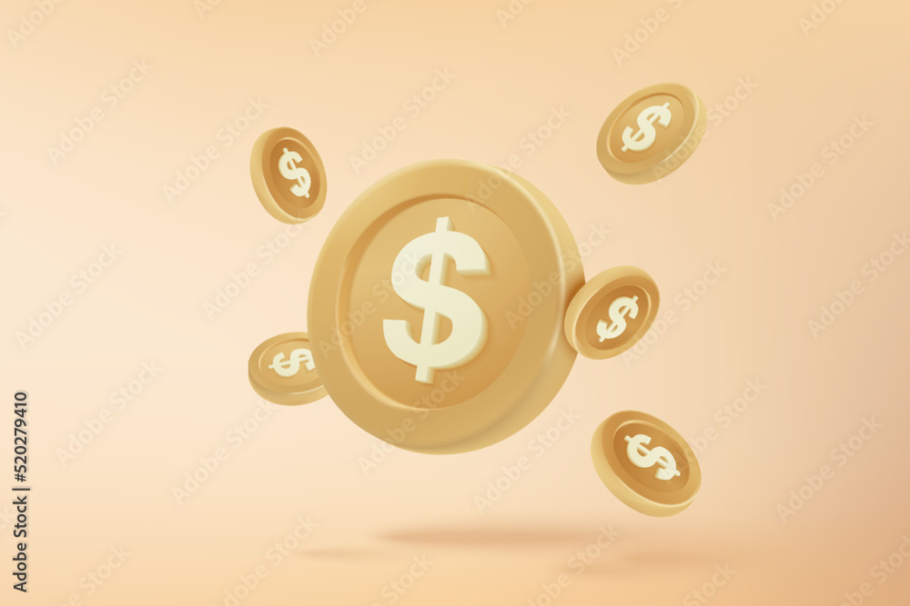 3D money coin saving on pastel yellow background. bundles cash and ...