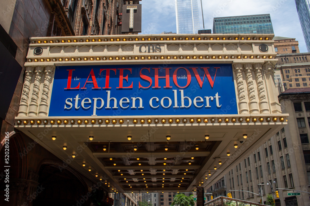 Marquee sign of The Late Show With Stephen Colbert show on the Ed ...
