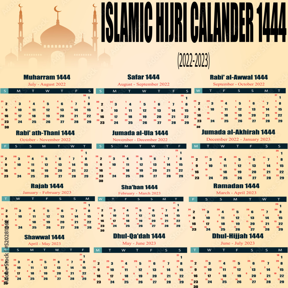 Hijri islamic calendar 2022. From 1443 to 1444 vector celebration ...