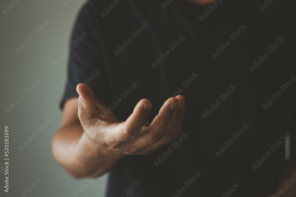 Businessman showing empty hand and presenting with hand empty copy ...