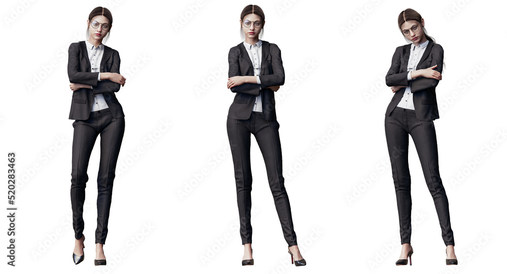 3d illustration. Beautiful business woman standing in different poses ...