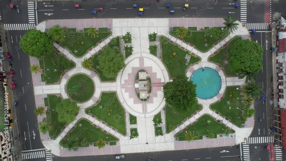 Aerial 4k video of Iquitos, Peru, and its Plaza de Aramas. The city is ...