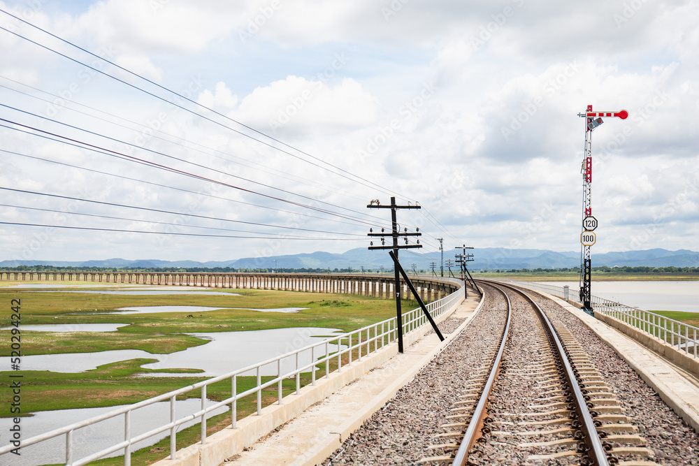Floating railway track that passes through the grasslands at Pa Sak ...