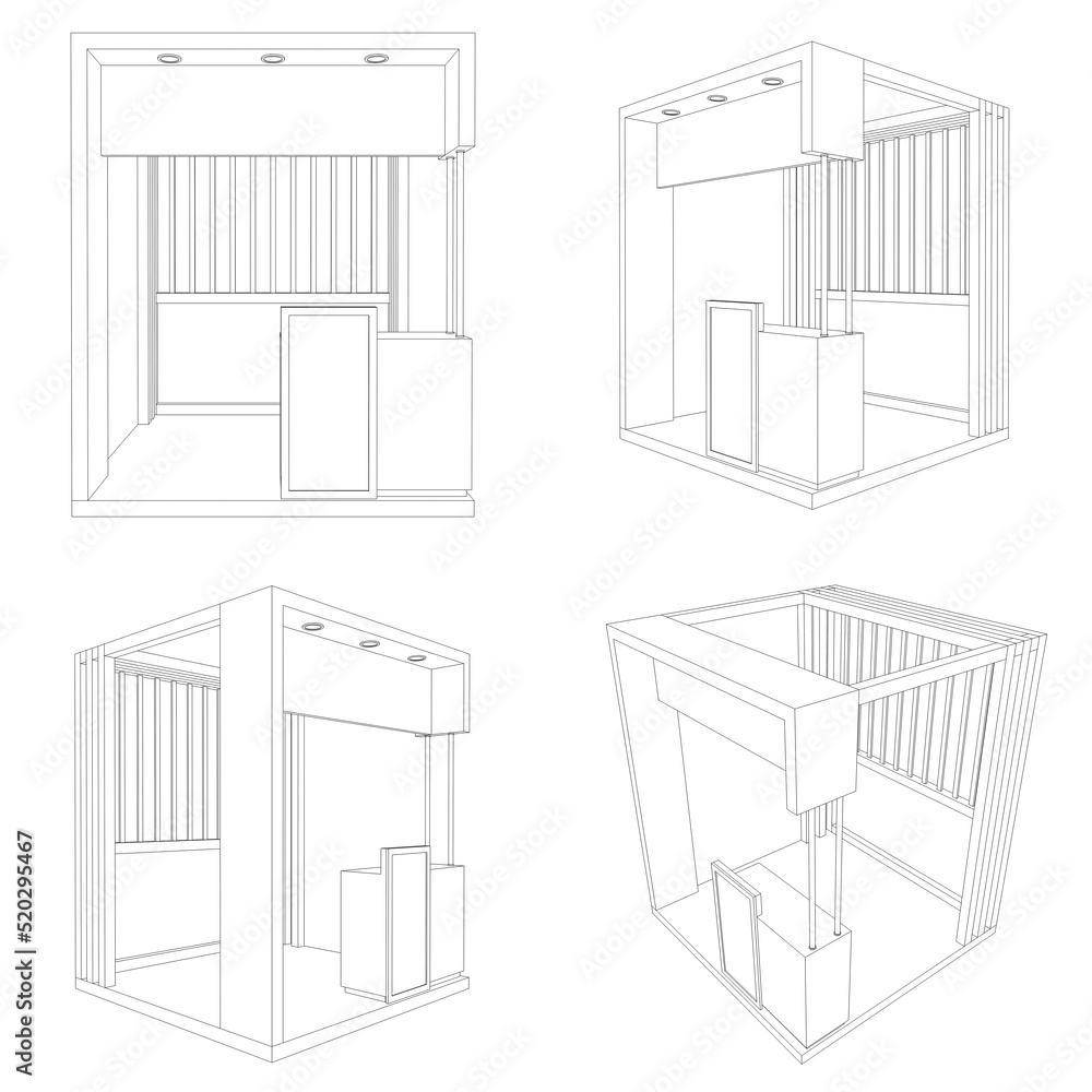 3d illustration stand booth 2x2 m decoration blank fascia name and logo ...