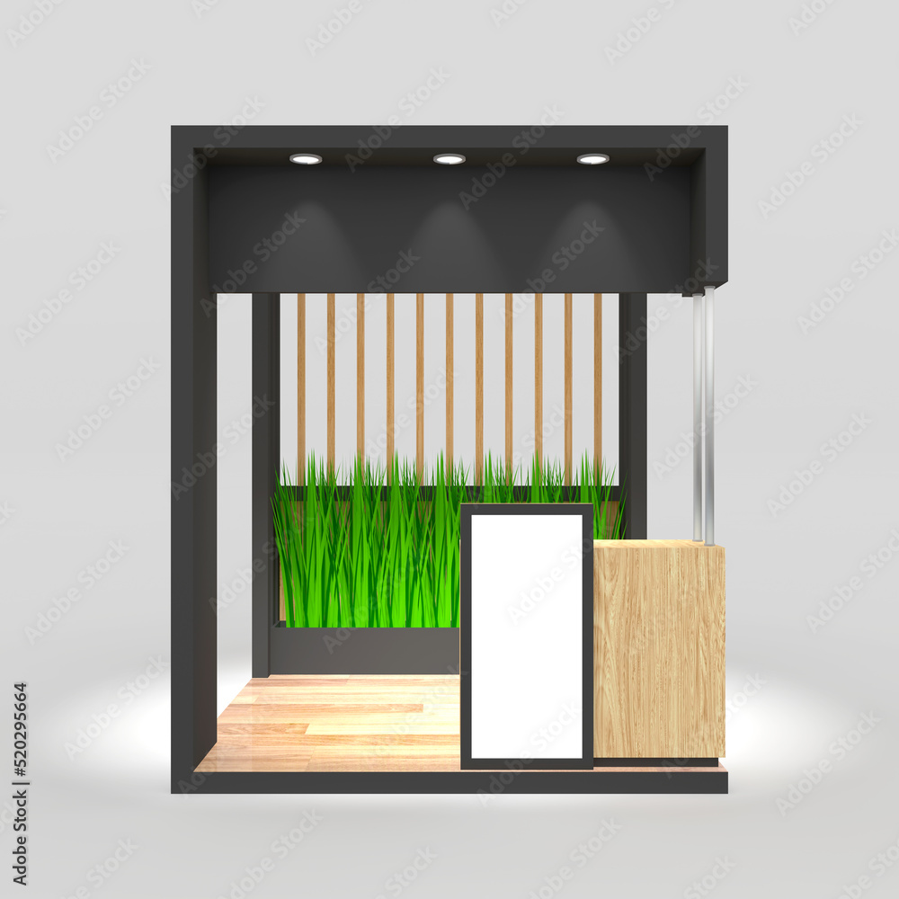 3d illustration stand booth 2x2 m wood decoration blank fascia name and ...