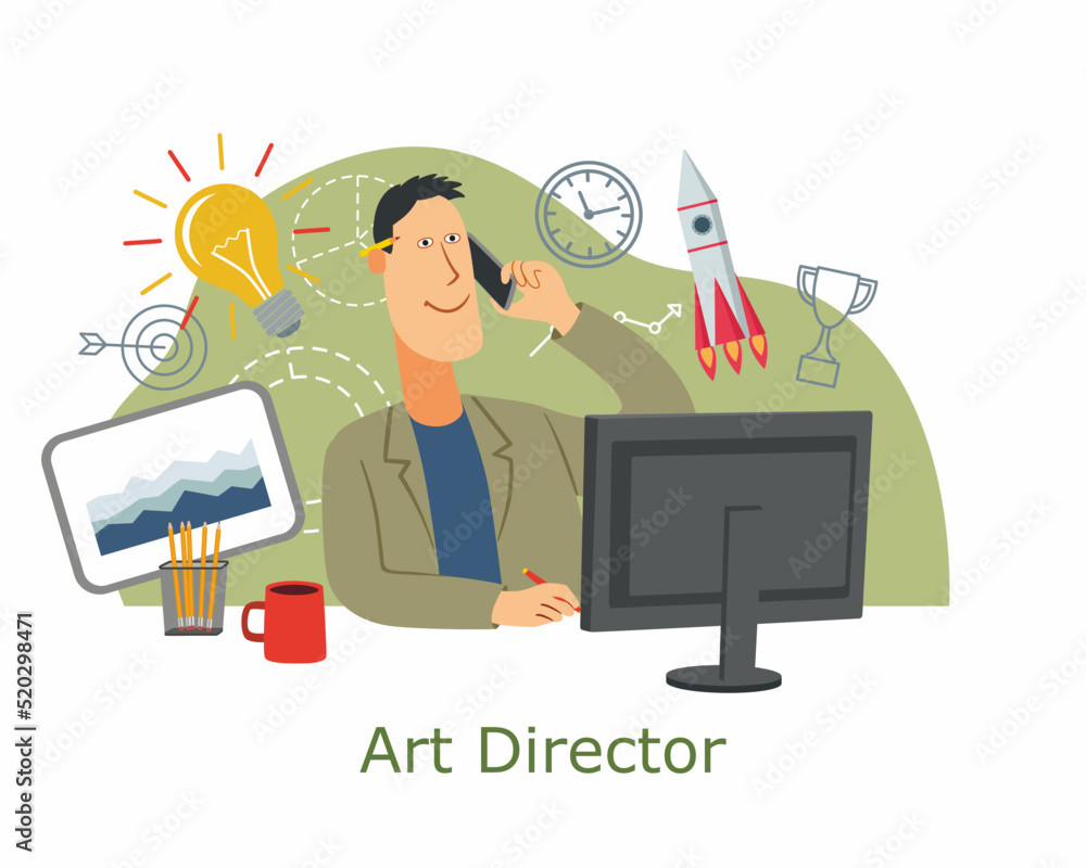 Male art director. A positive guy surrounded by office symbols. Cartoon ...
