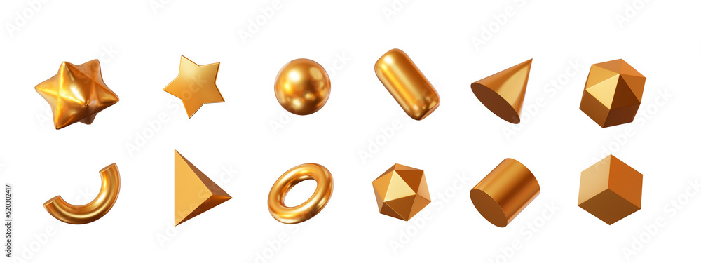 3d set gold shapes: square, cylinder, sphere, pyramid, torus, star ...