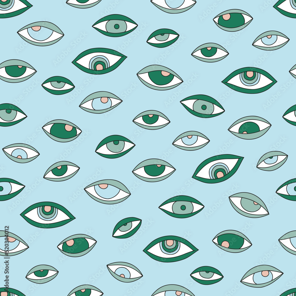 Groovy Evil eyes talisman green iris vector seamless pattern. Retro 60s ...