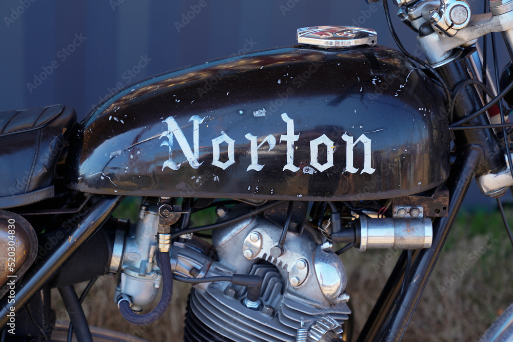 Norton brand logo retro of motorcycle and sign text on old tank fuel of ...
