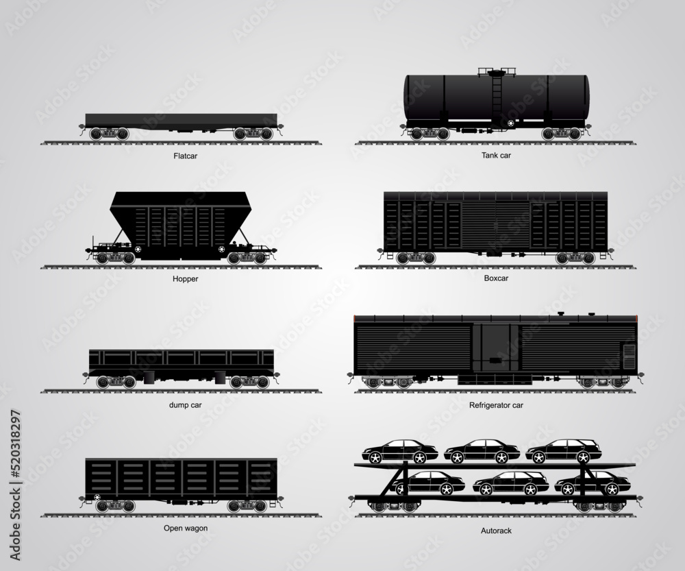 The type of freight cars. The set of a railroad cars or rail cars. Stock Vector | Adobe Stock