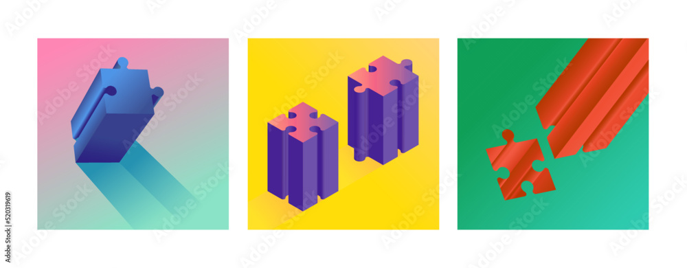 Jigsaw puzzle pieces art concept. Poster triptych for print. Vector ...