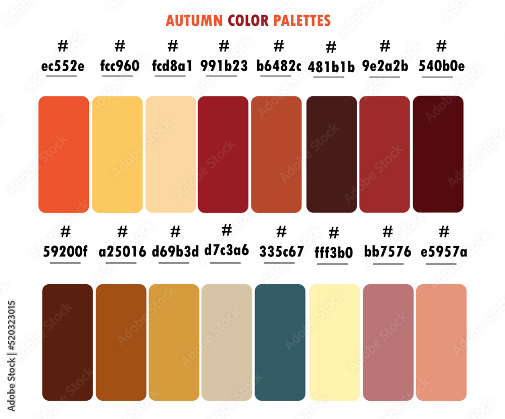 Autumn color palette with RGB HEX codes codes. isolated on white ...