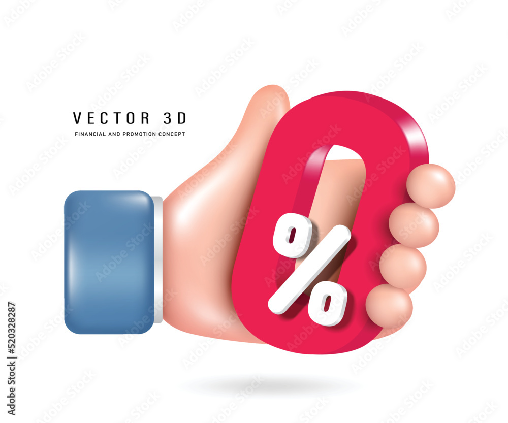 Hand holding 0% red text 3d vector 3d isolated on white background cute ...