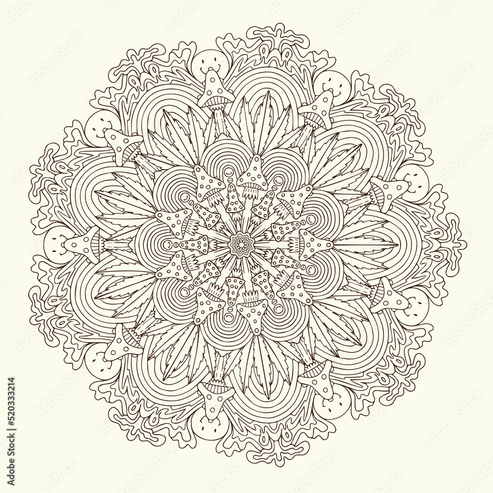 Round mandala with cannabis leaves, fly agaric, emoticons, rainbows and ...