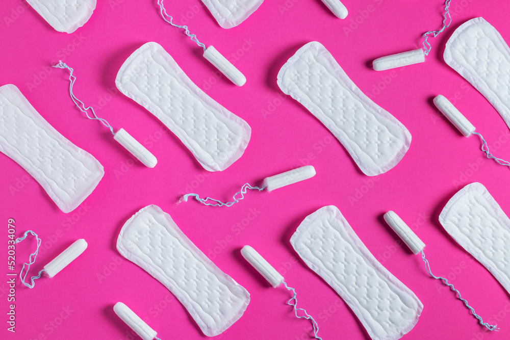 Tampons, feminine sanitary pads pattern on pink background. Hygiene ...