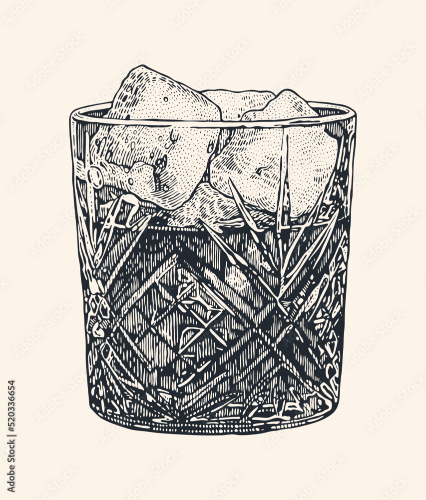 Cocktail with ice cubes in a crystal glass. Hand drawn design element ...