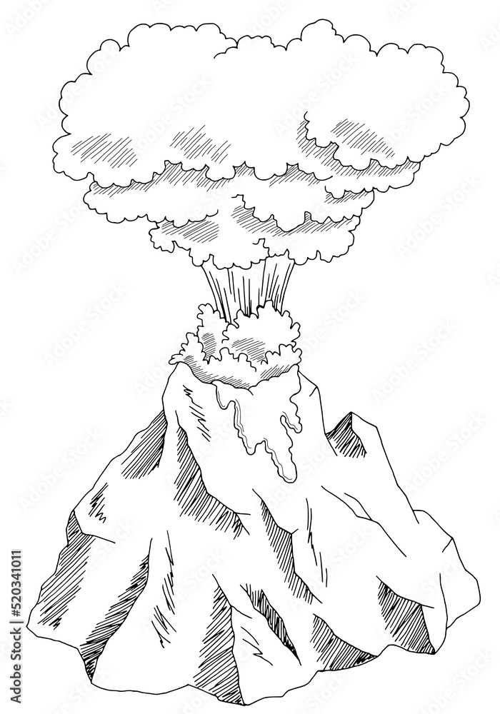 Volcano isolated eruption mountain graphic black white sketch landscape ...