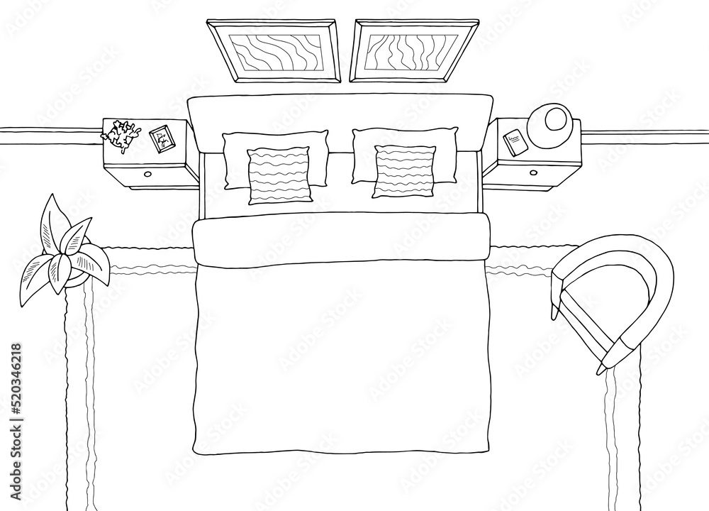 Bedroom top view from above graphic black white home interior sketch ...